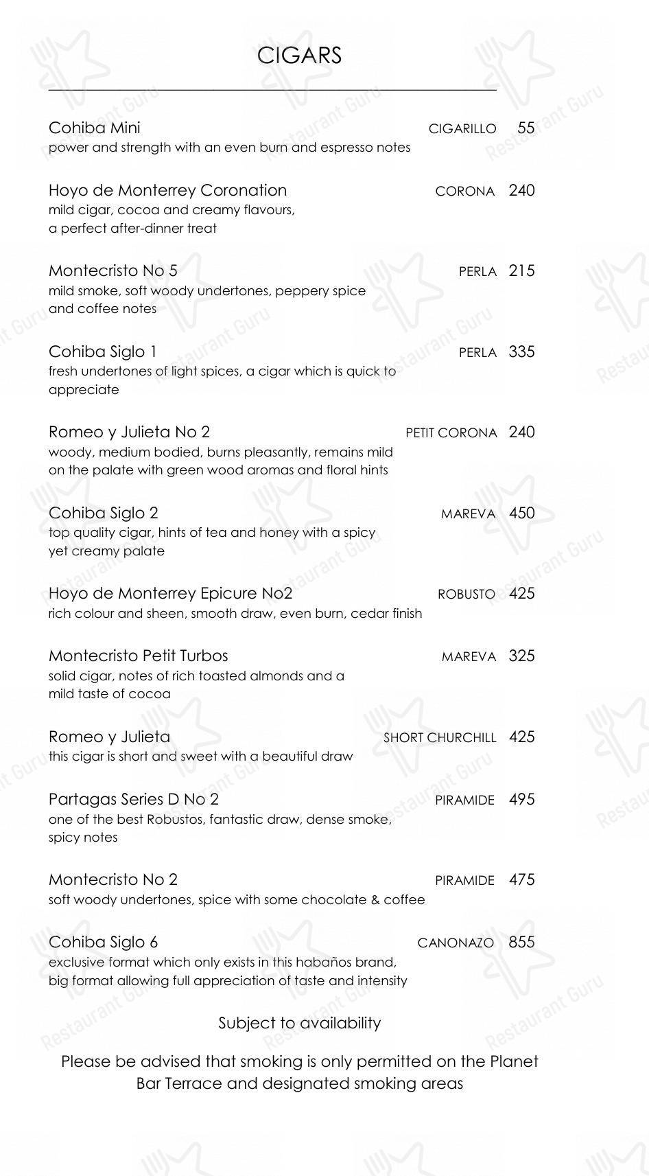 Menu at Planet Bar, Cape Town, 76 Orange St