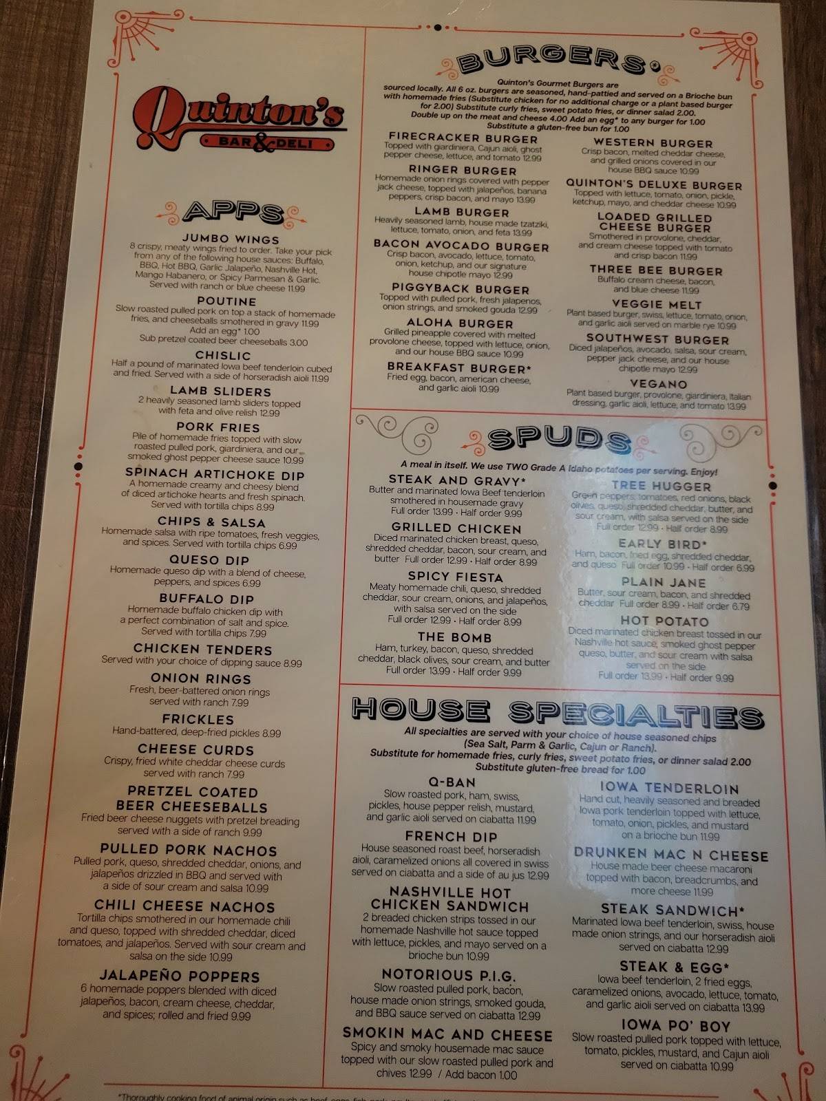 Menu at Quinton's Bar & Deli, Des Moines