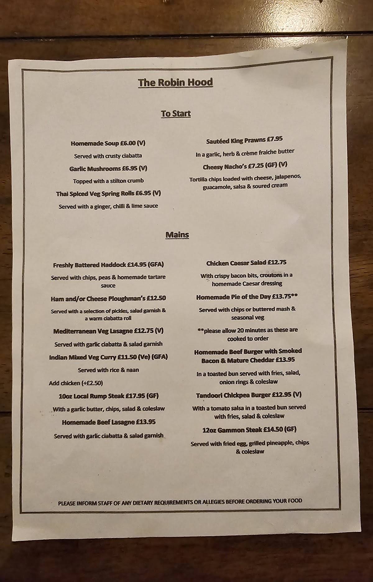 Menu at Robin Hood Inn pub & bar, Welland, Gloucester Road