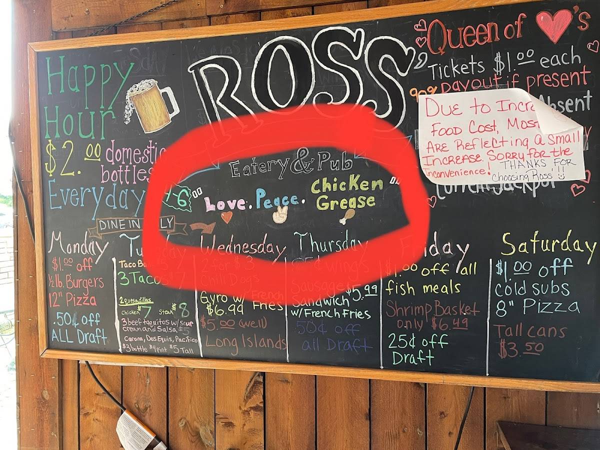 Menu at Ross' Eatery and Pub, Lordstown
