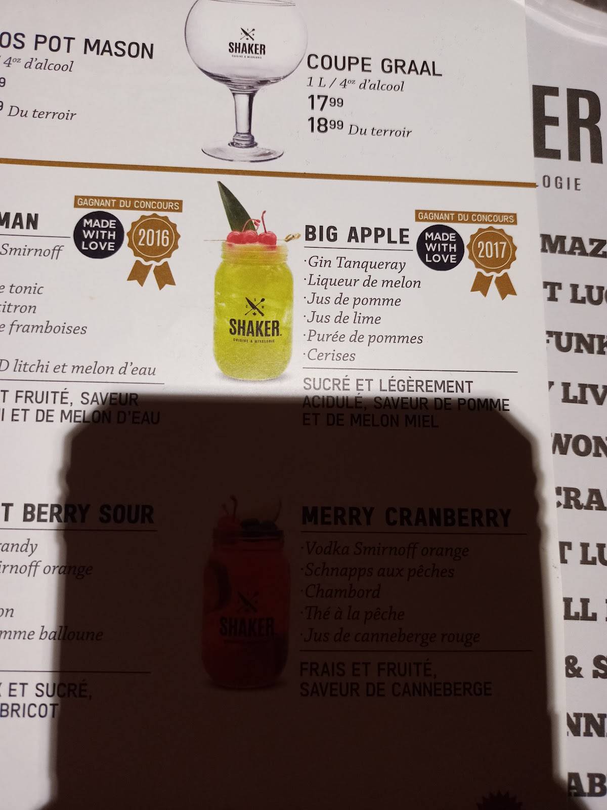 Carta del pub y bar SHAKER food & mixology - Cap-Rouge, Canada, Rue del ...