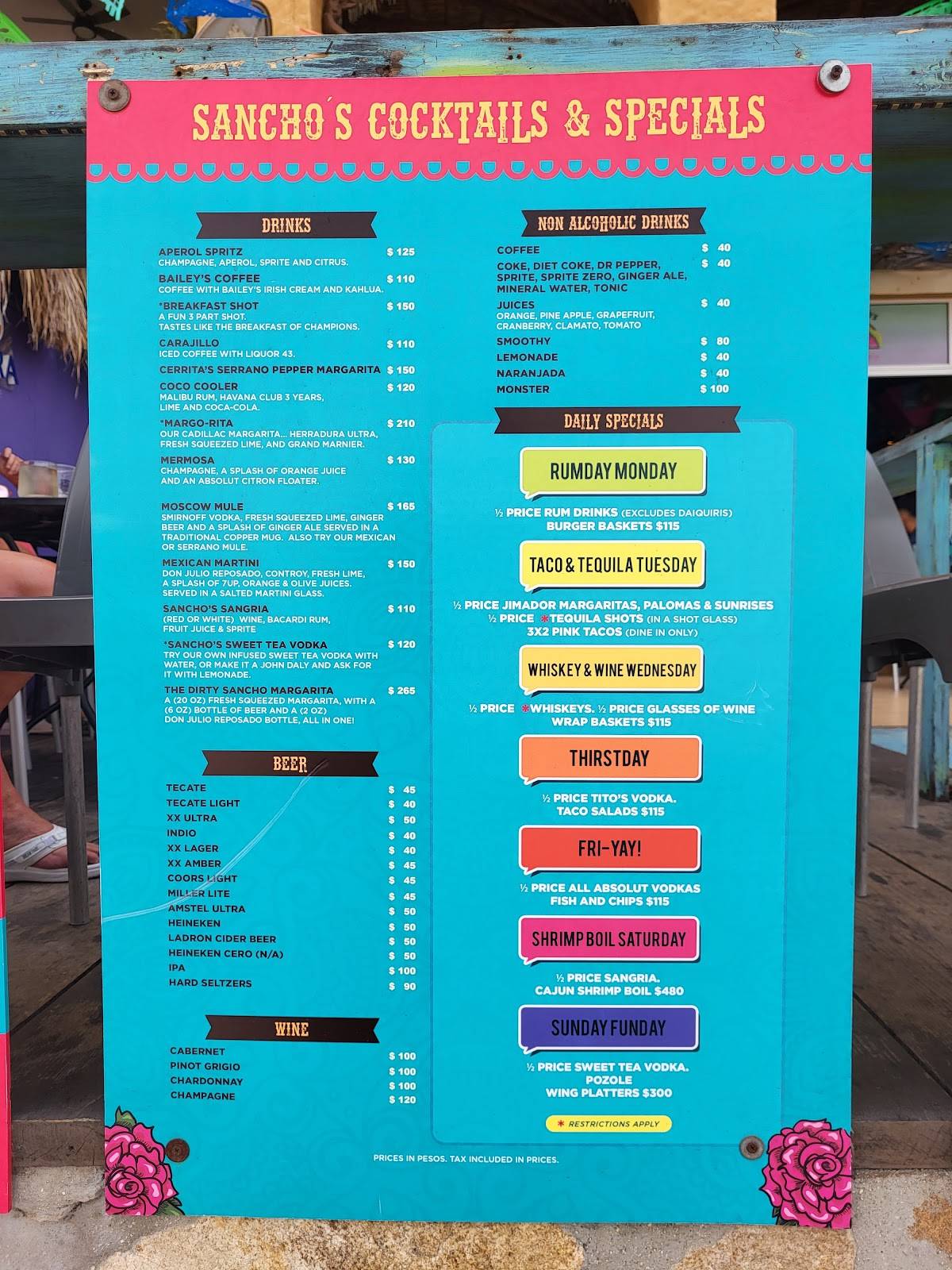 Menu at Sancho's Bar, Cabo San Lucas