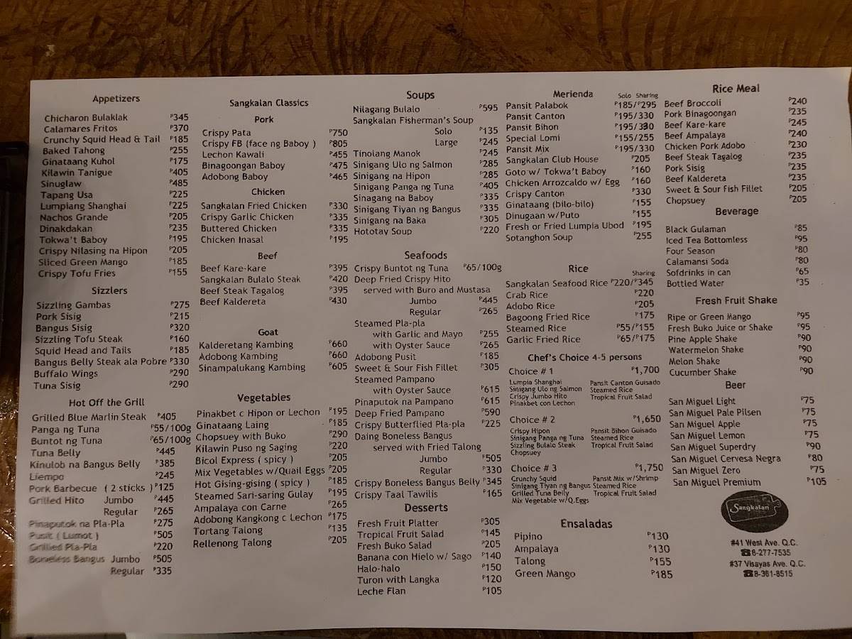 Menu at Sangkalan Restaurant, Quezon City, 41 West Ave