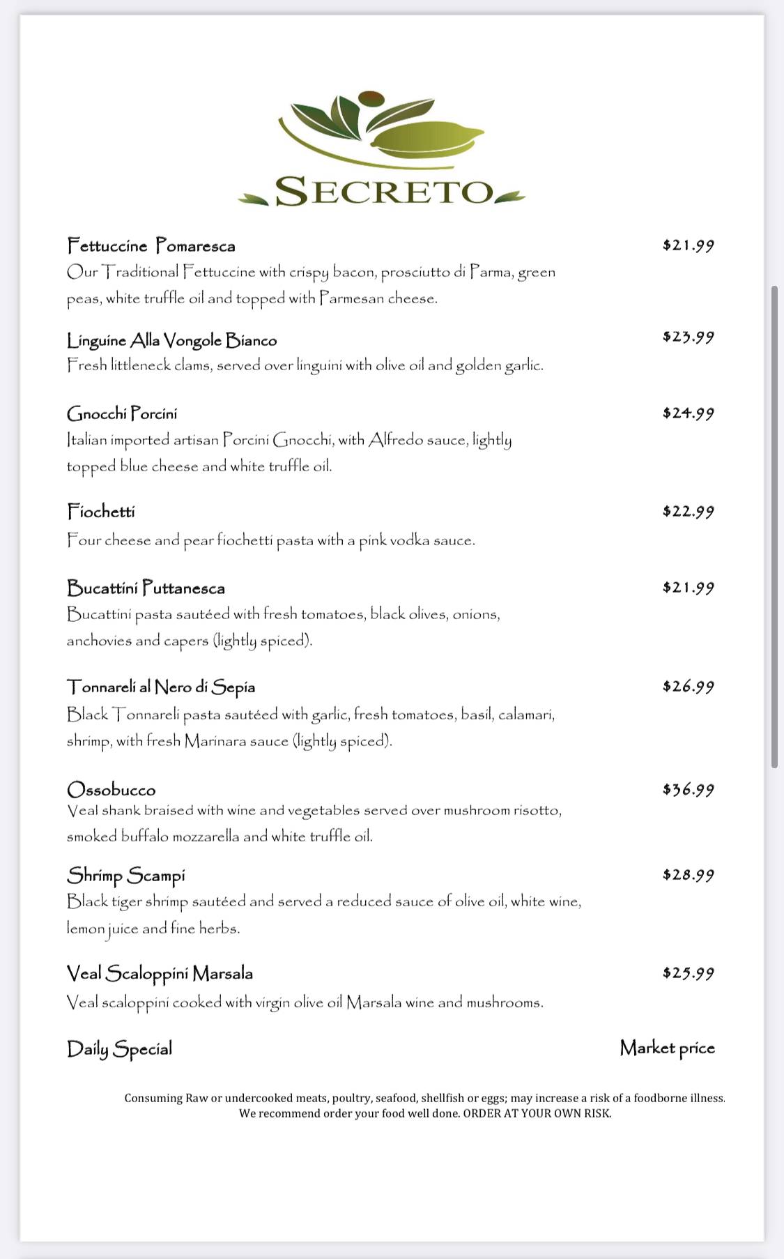 Menu at Secreto restaurant, Miami, N Kendall Dr