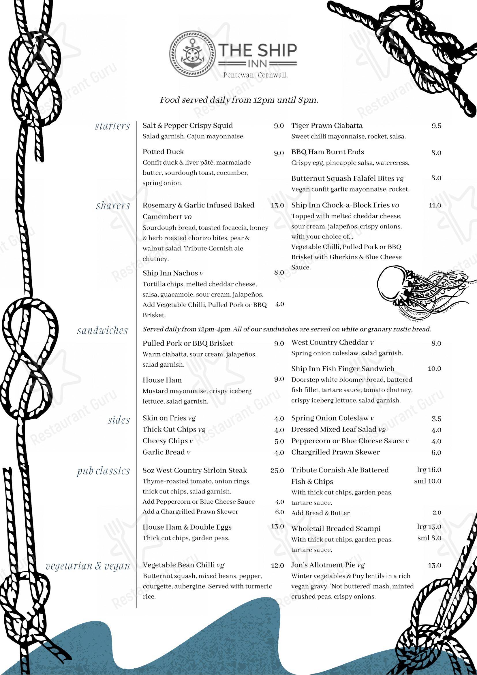 Menu at Ship Inn Pentewan pub & bar, Mevagissey, 31-33 W End