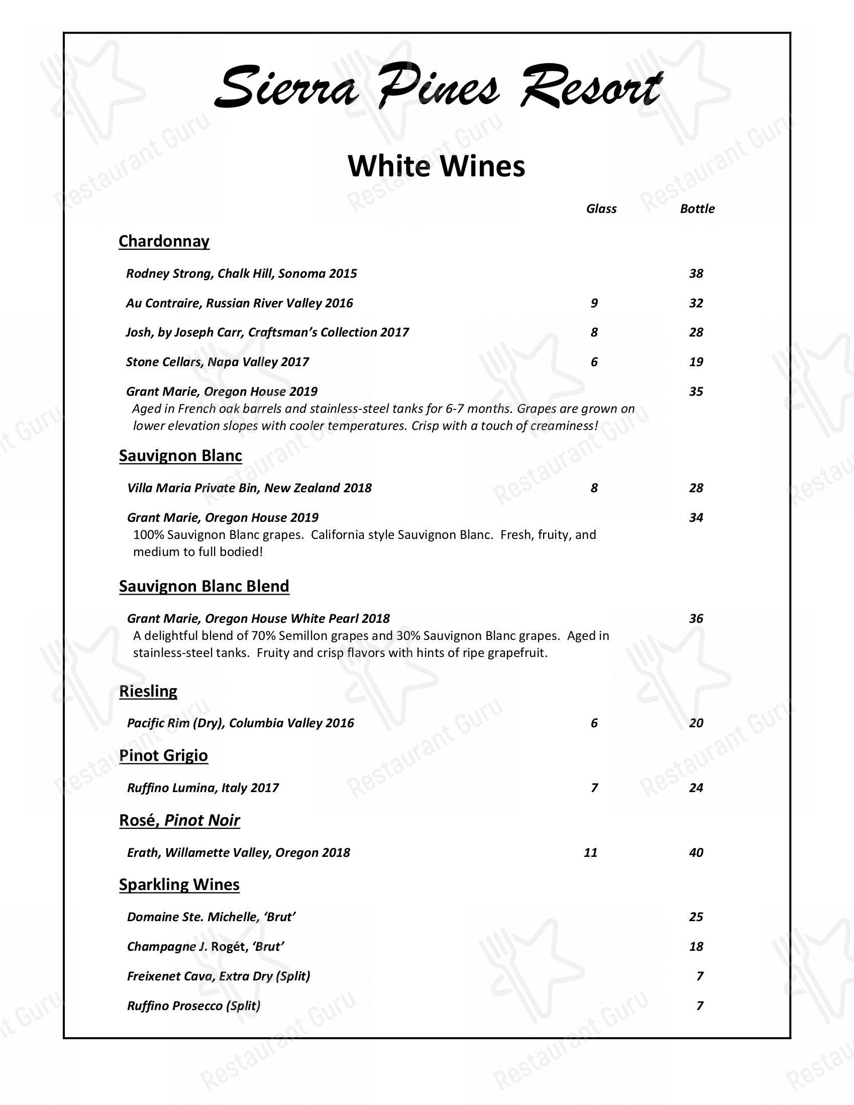 Menu at Sierra Pines Resort pub & bar, Sierra City