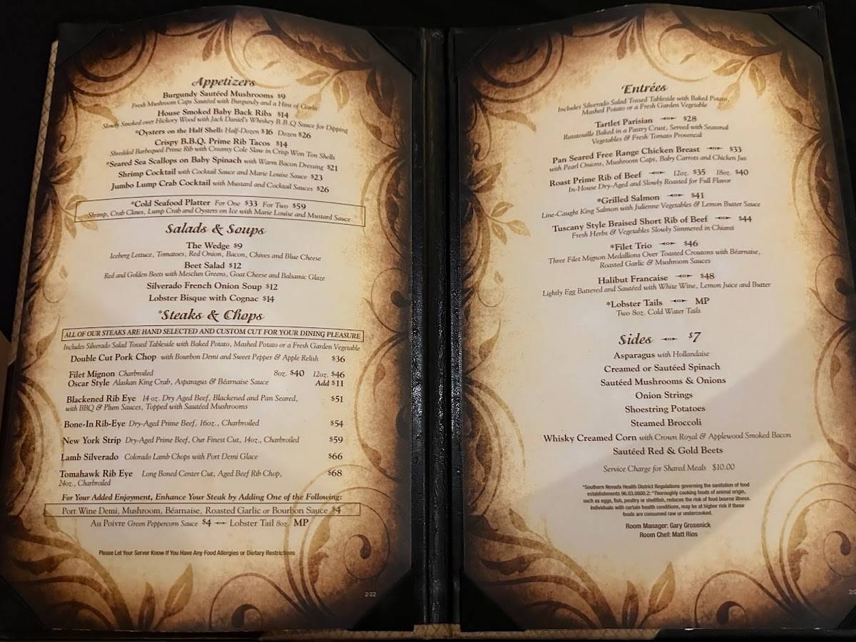 Menu at Silverado Steak House pub & bar, Las Vegas, Las Vegas Blvd S