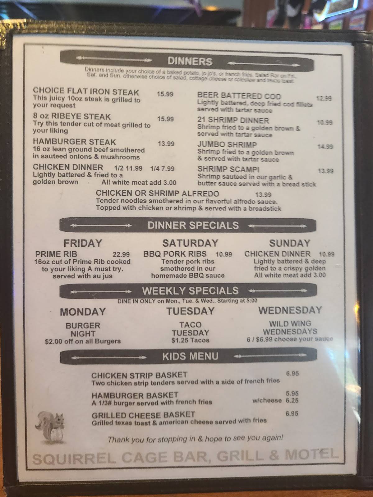 Menu at Squirrel Cage Bar Grill & Motel, Willow River