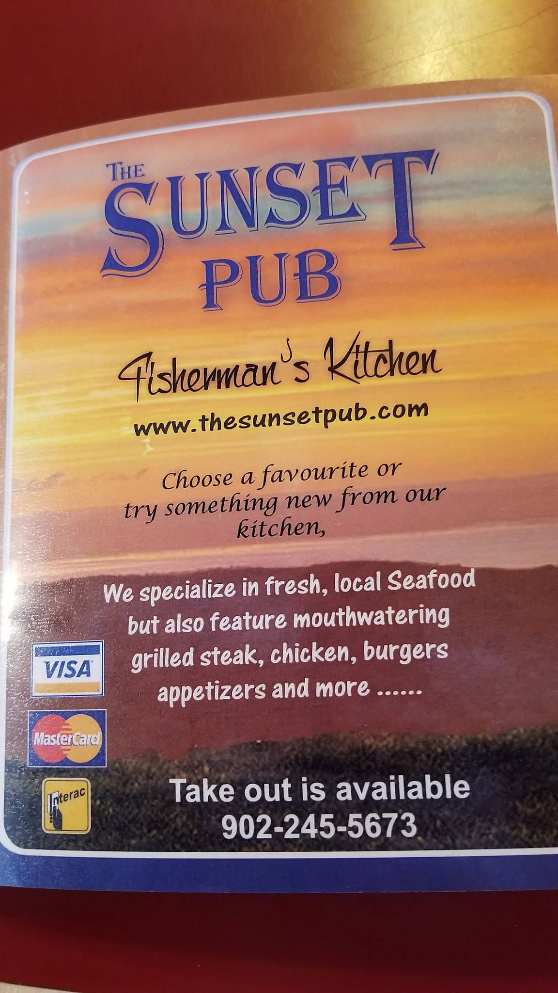 Menu at Sunset Pub, Digby