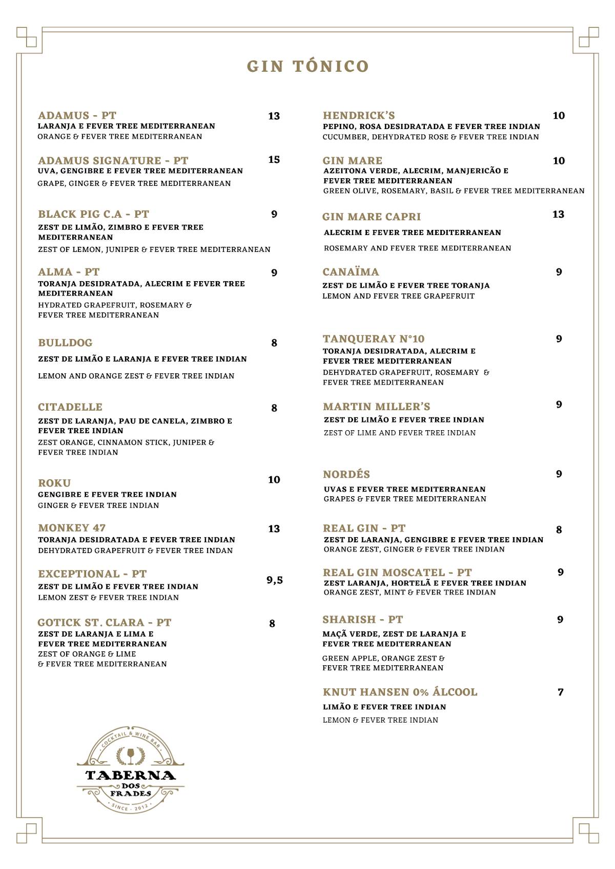 Menu em Taberna dos Frades pub & Bar, Loulé