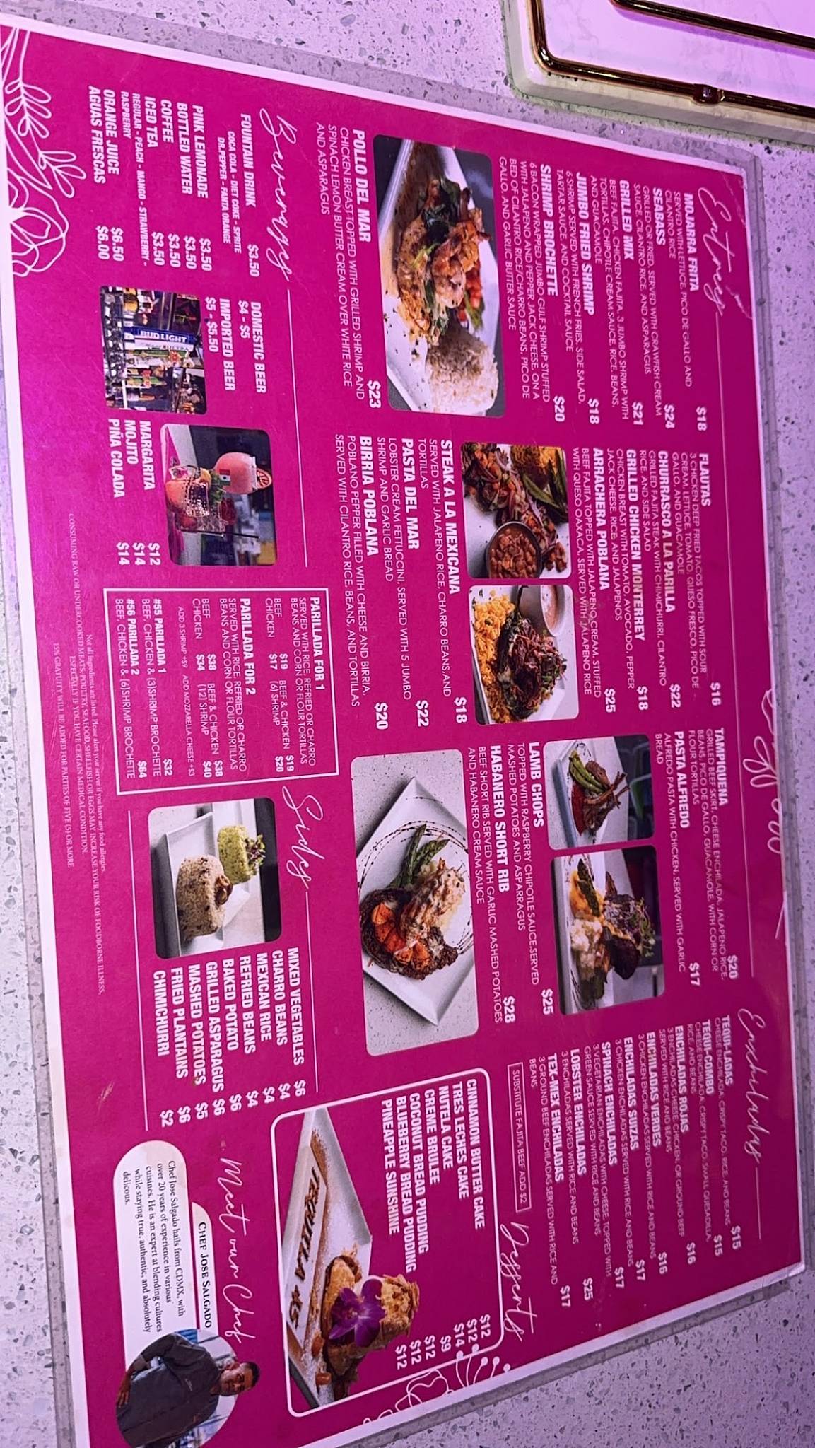 Menu at Tequila 45 mexican restaurant, Houston