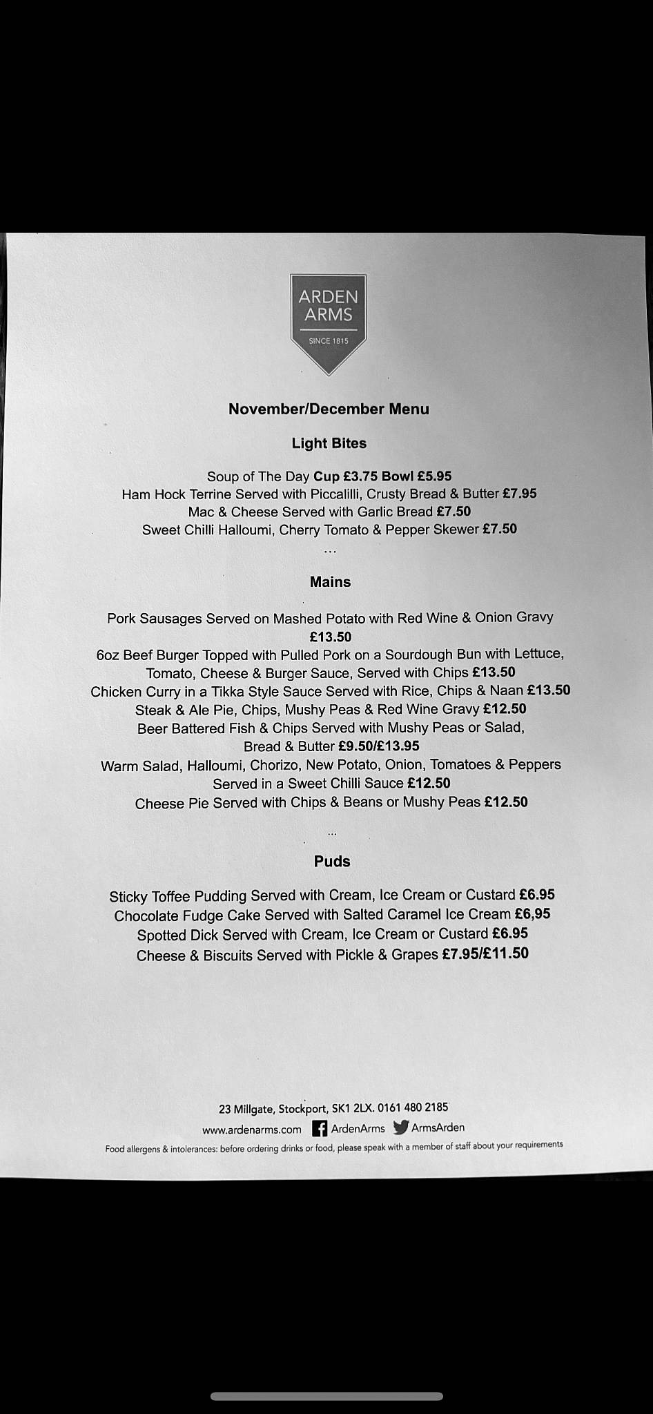 Menu at The Arden Arms pub & bar, Stockport, 23 Millgate