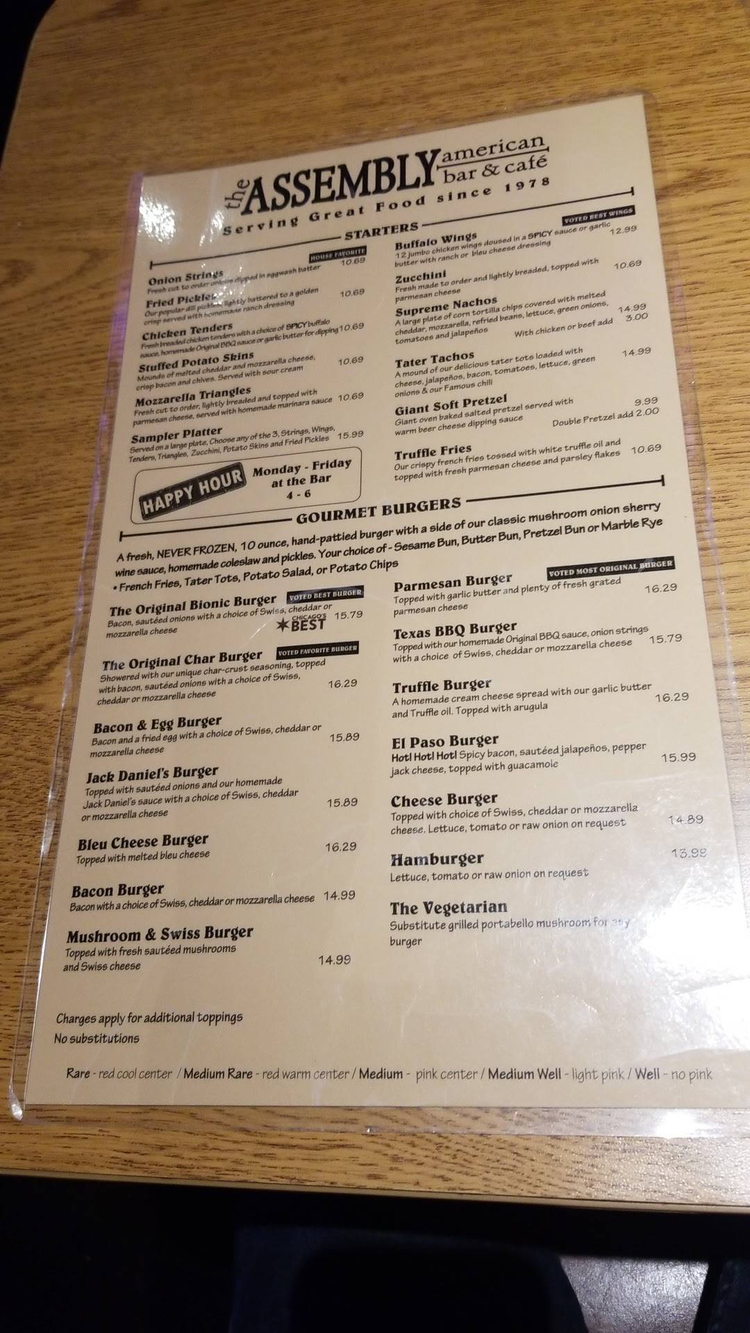Menu at The Assembly American Bar & Cafe, Hoffman Estates