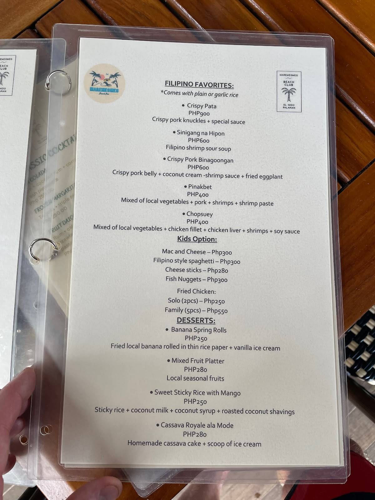 Menu at The Beach Shack pub & bar, El Nido, Marimegmeg Beach Front