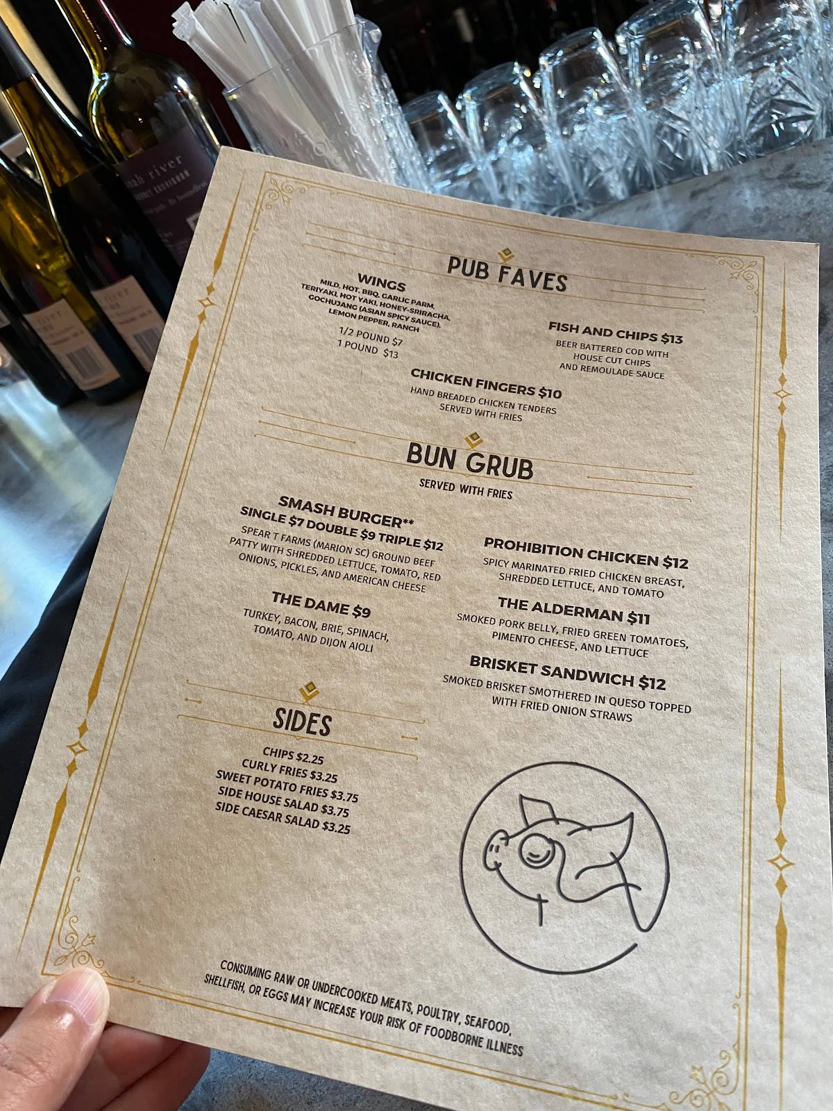 Menu at The Blind Pig Pub, Hartsville