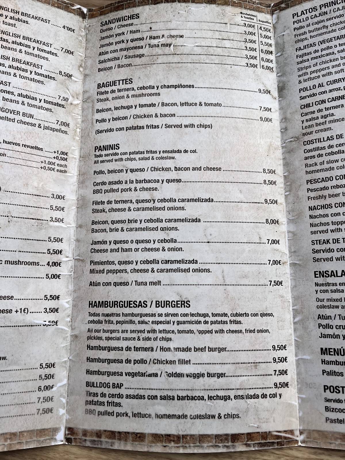 Menu at The Bulldog pub & bar, Benidorm