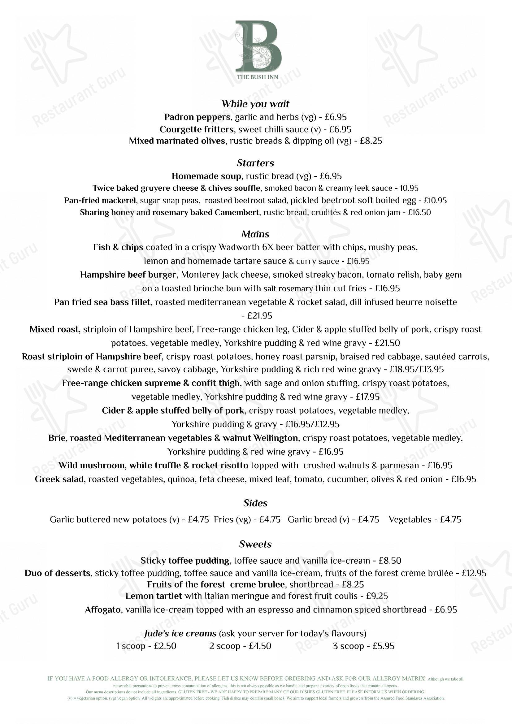 Menu at The Bush Inn pub & bar, New Alresford, Ovington