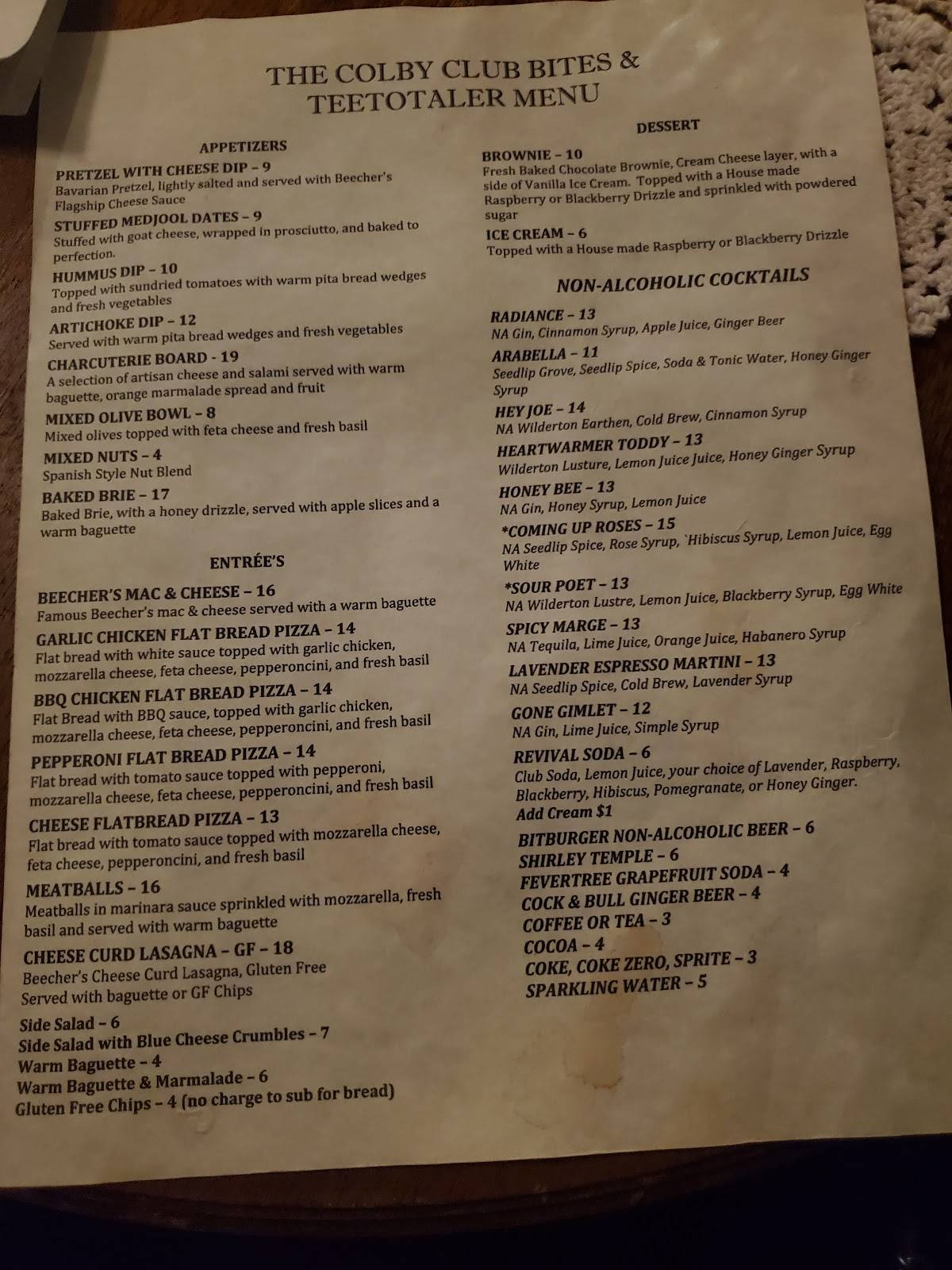 Menu at The Colby Club, Everett