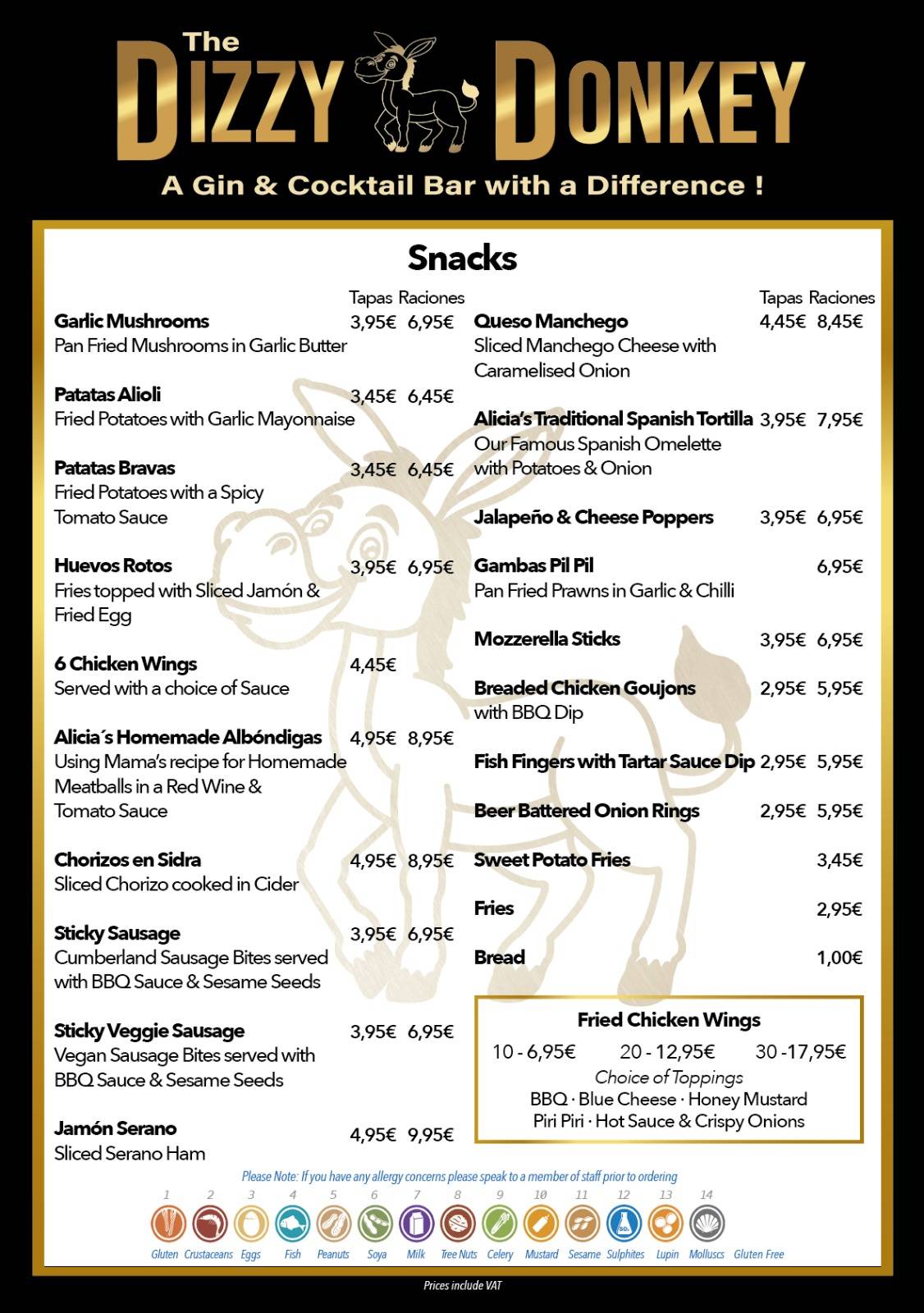 Menu at The Dizzy Donkey pub & bar, Benalmádena
