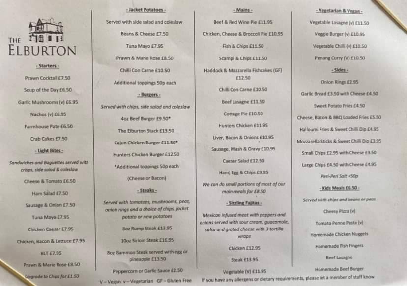 Menu at The Elburton Inn pub & bar, Plymouth