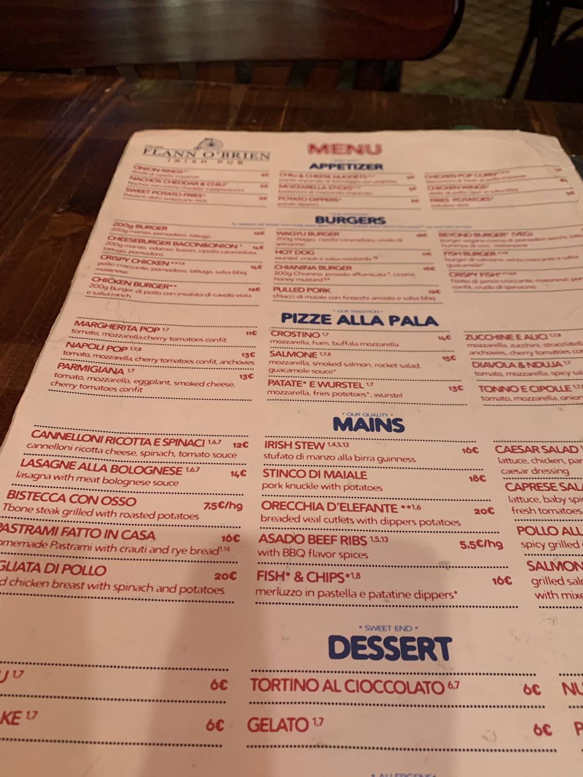 Menu at The Flann O'Brien pub & bar, Rome