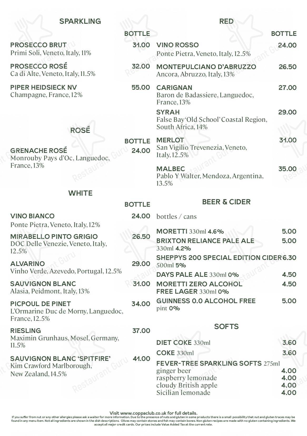 Menu at The Great House at Sonning, Coppa Club, Reading