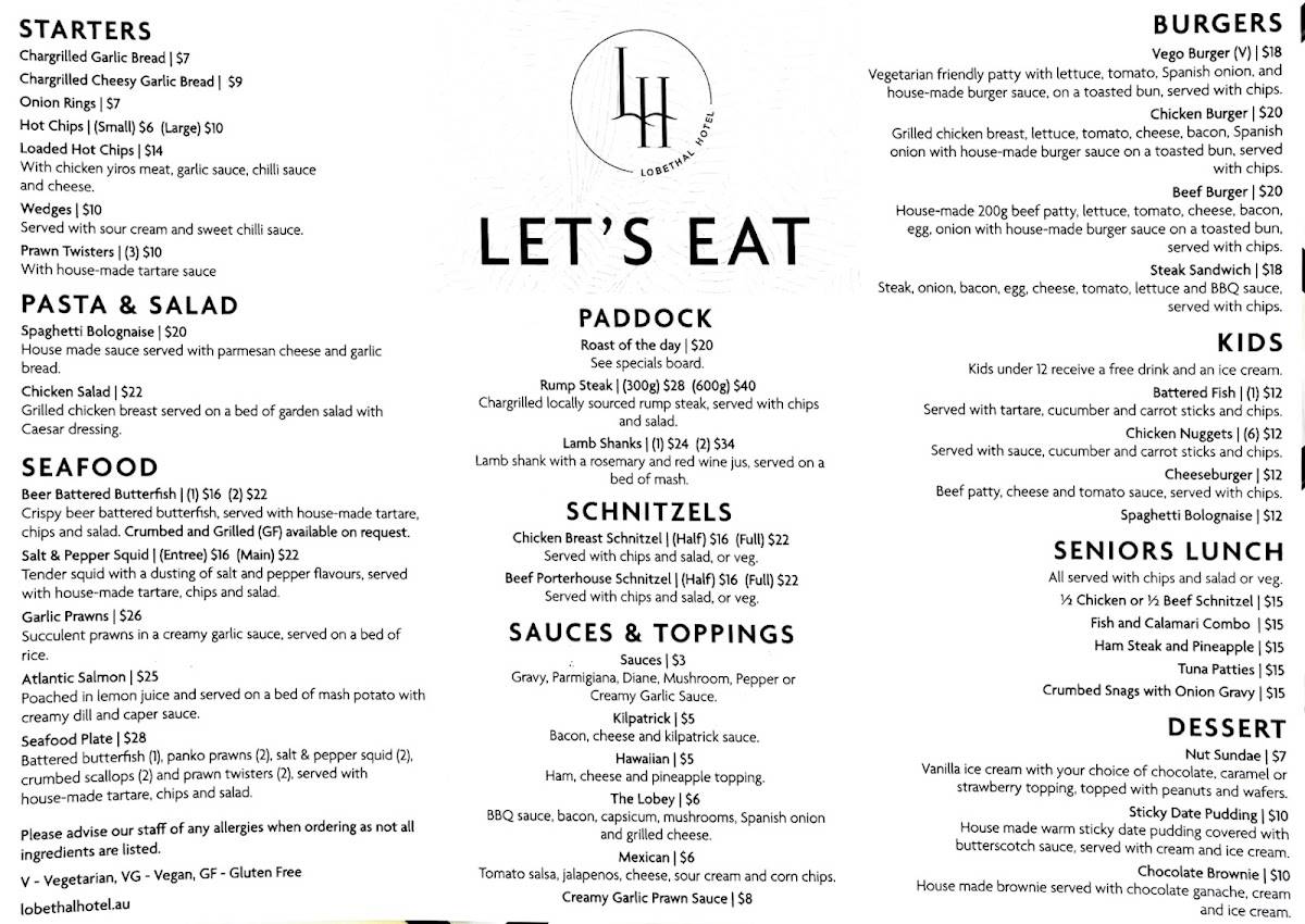 Menu at The Lobethal Hotel pub & bar, Lobethal