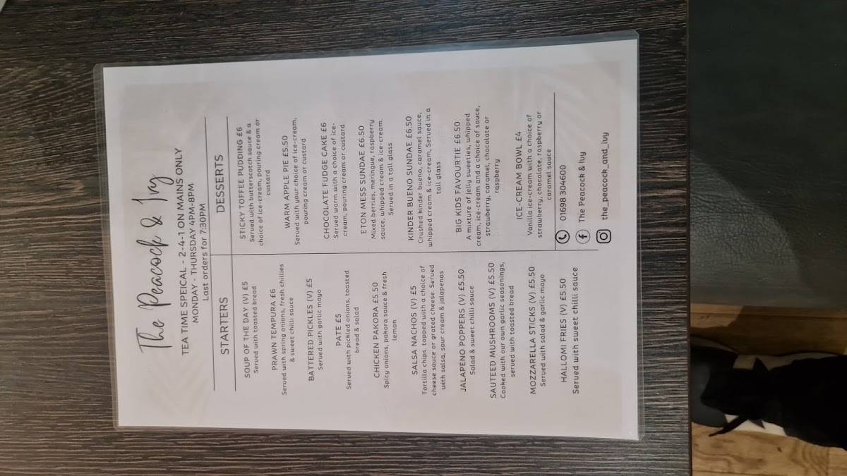 Menu at The Peacock & Ivy pub & bar, Hamilton