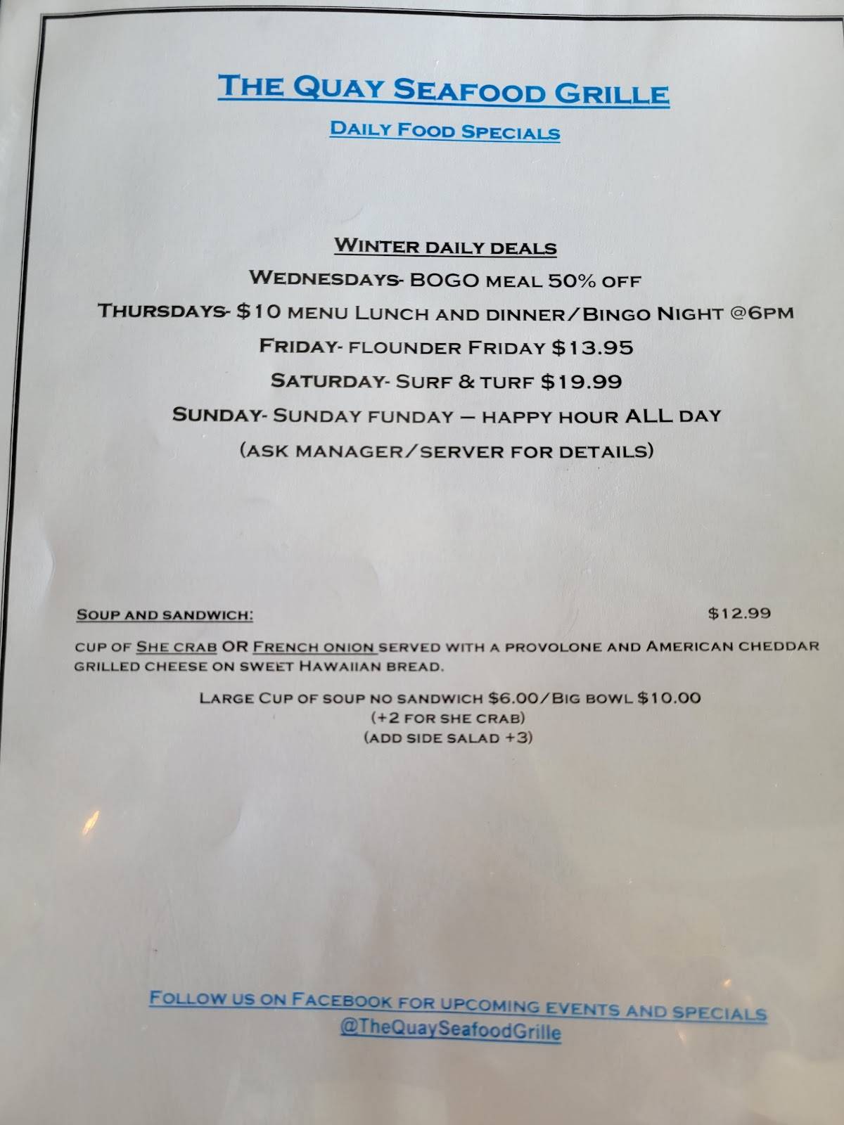Menu at The Quay Seafood Grille pub & bar, Murrells Inlet