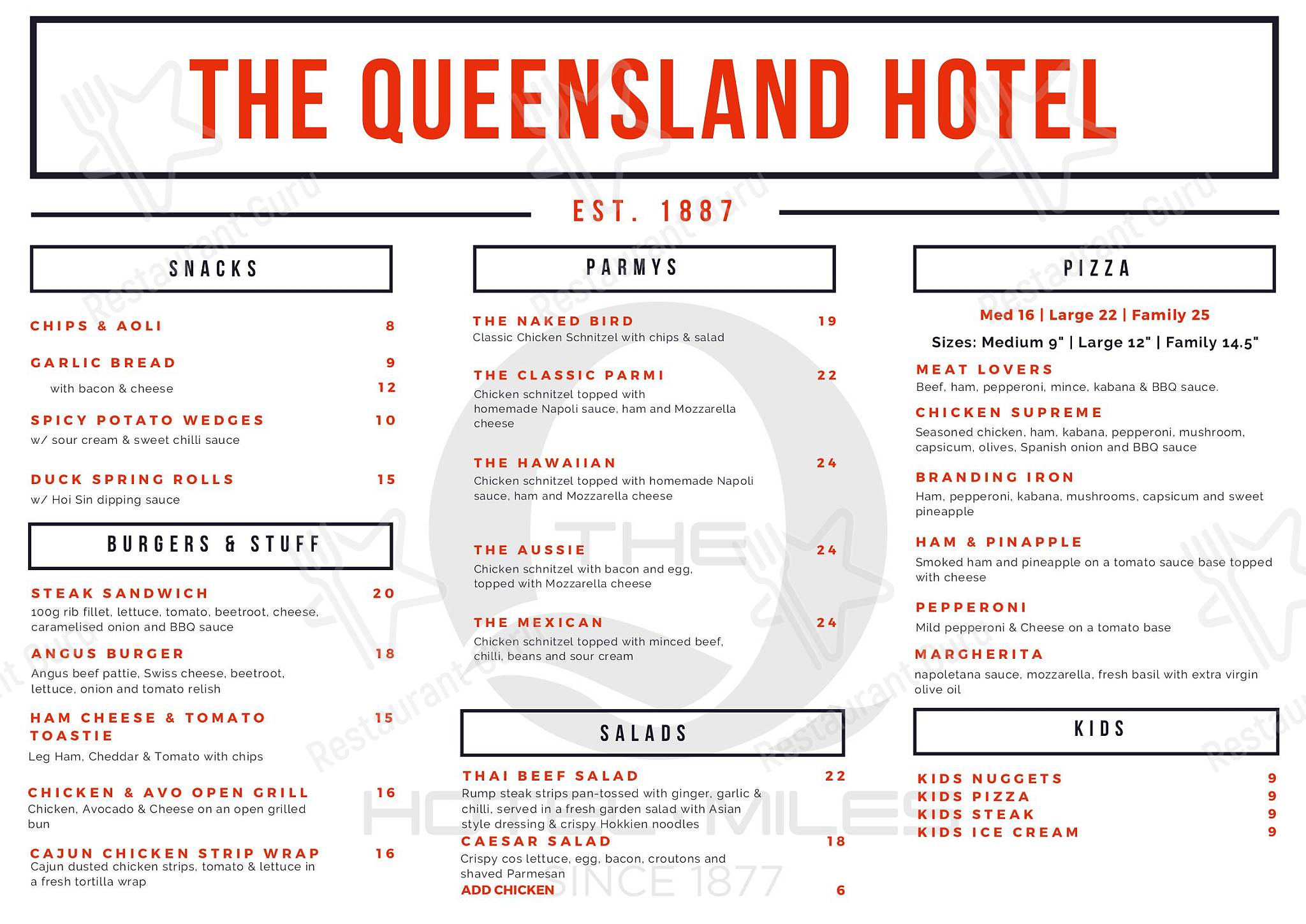 Menu at The Queensland Hotel pub & bar, Miles