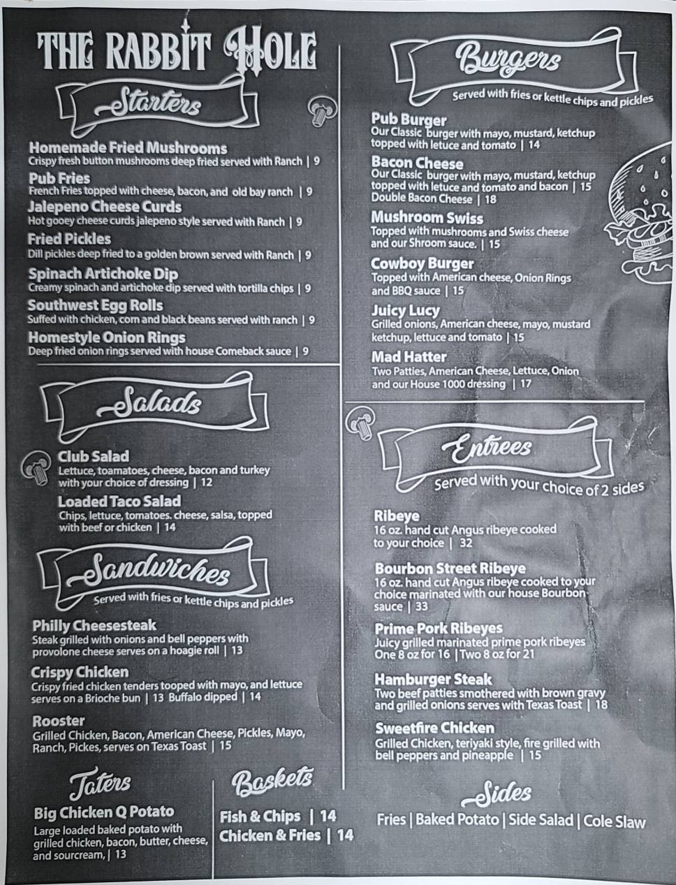Menu at The Rabbit Hole pub & bar, Elba