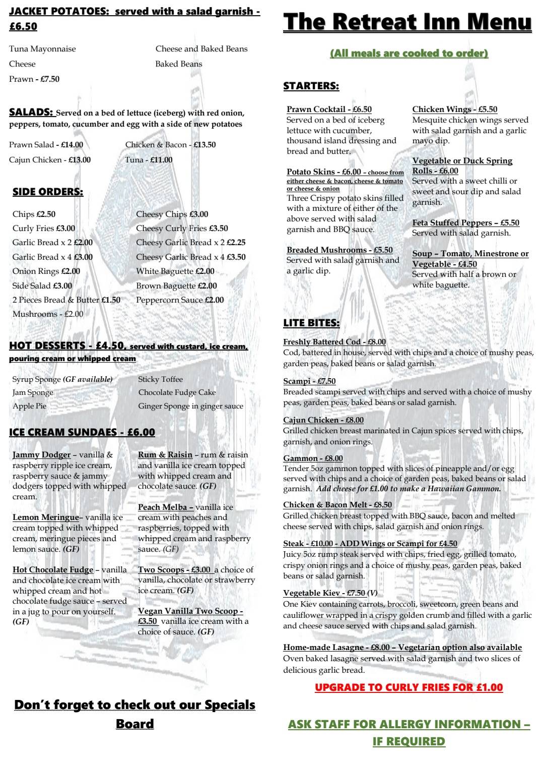 Menu at The Retreat Inn pub & bar, Worcester