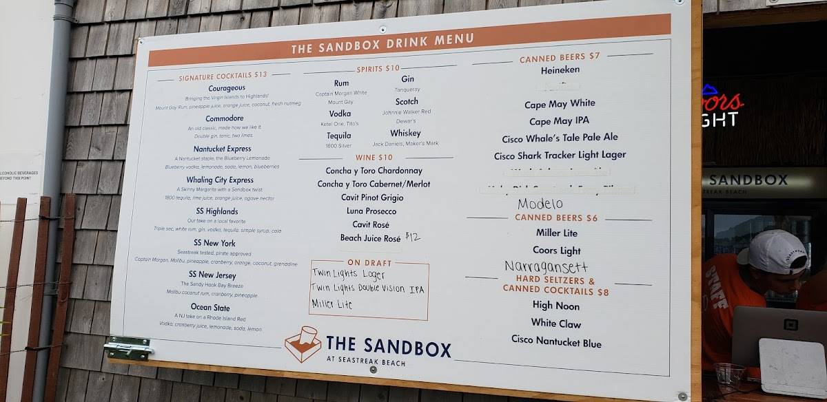 Menu at The Sandbox at Seastreak Beach pub & bar, Highlands