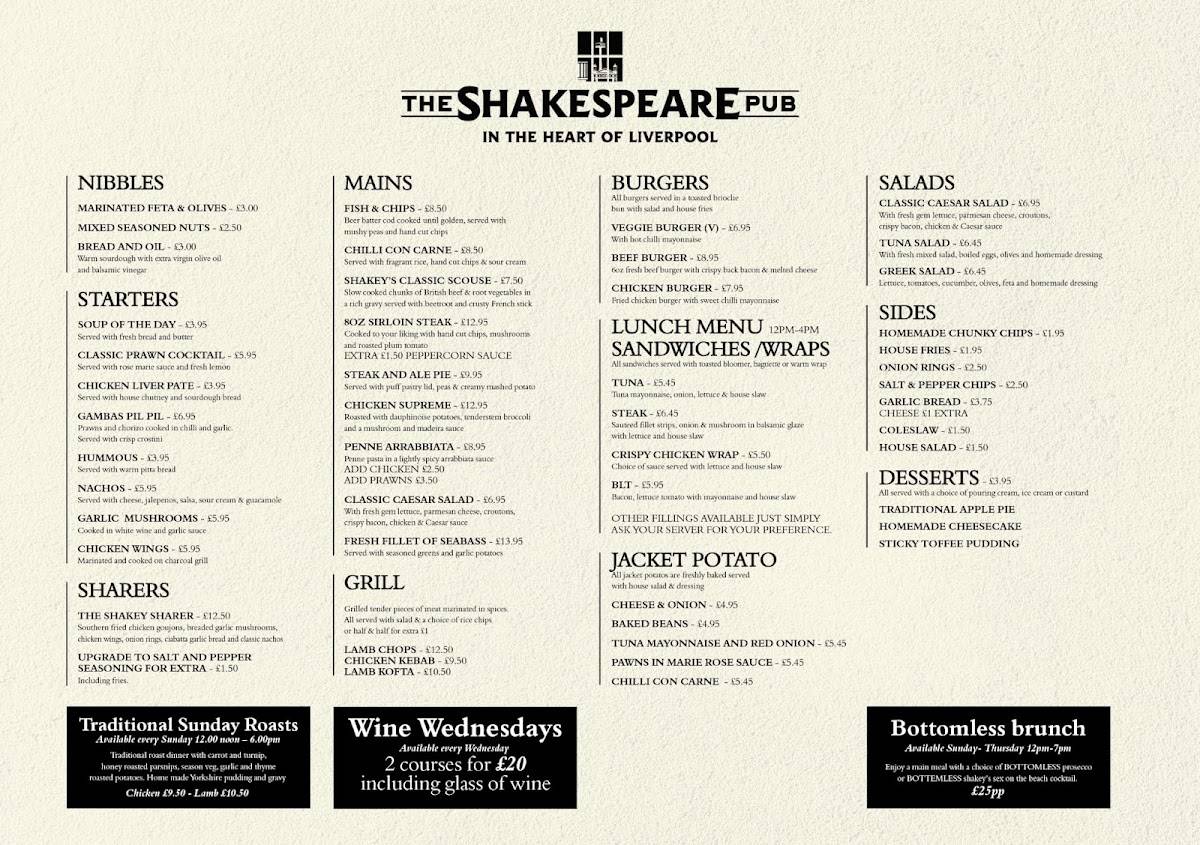 Menu at The Shakespeare pub & bar, Liverpool