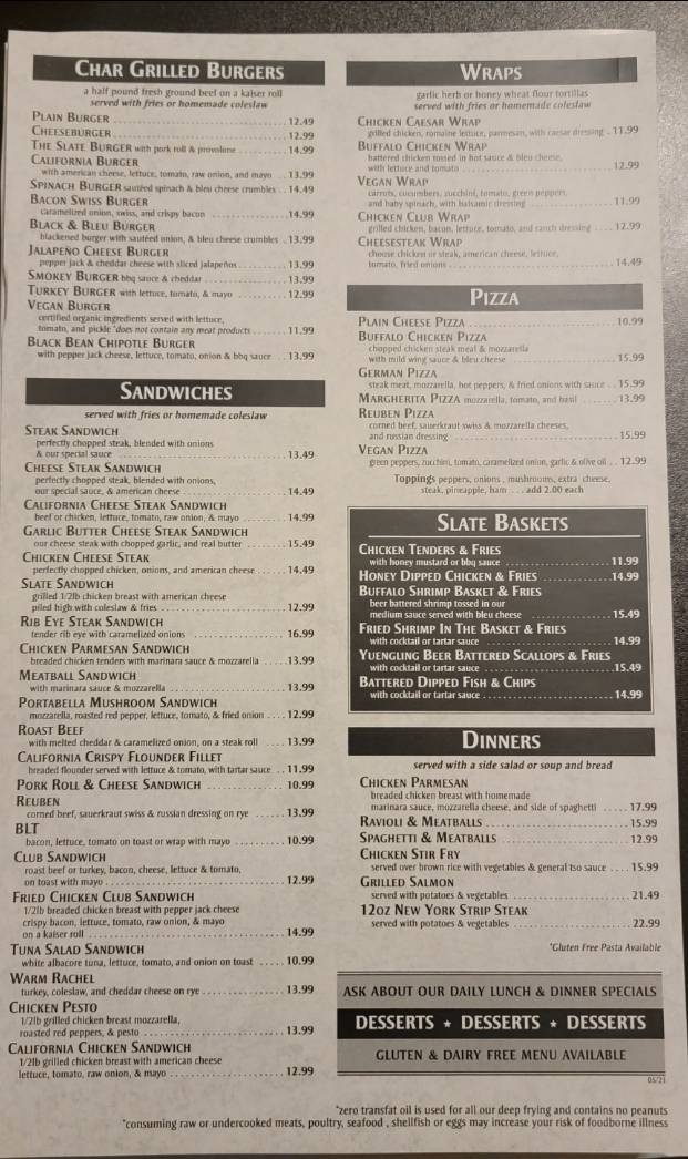 Menu at The Slate Hotel & Pub, Pen Argyl