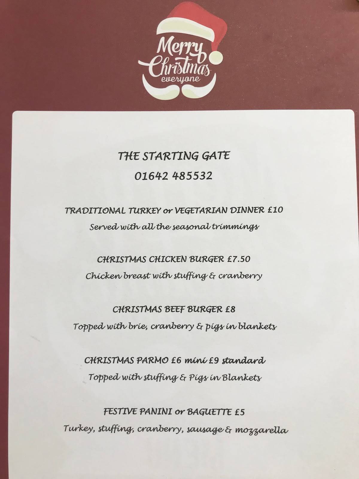Menu at Starting Gate Redcar pub & bar, Redcar
