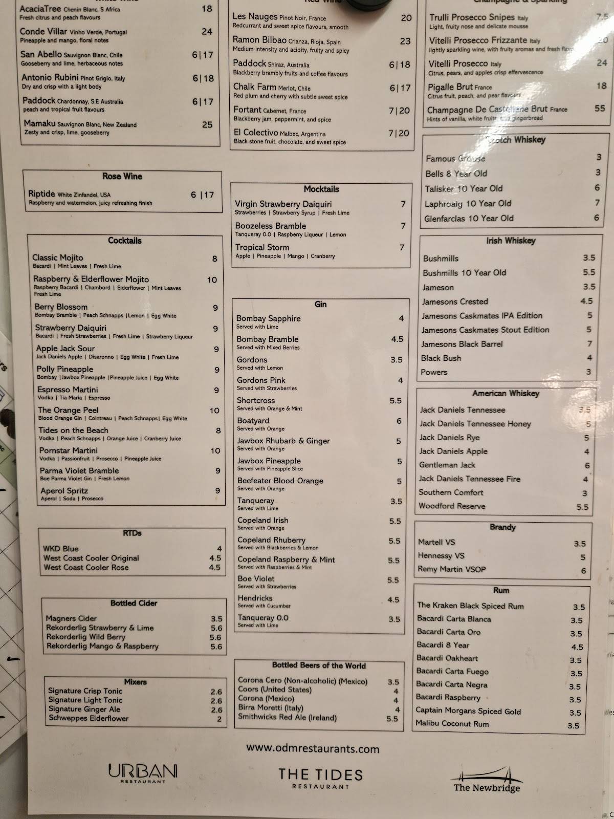 Menu at The Tides Restaurant, Portrush