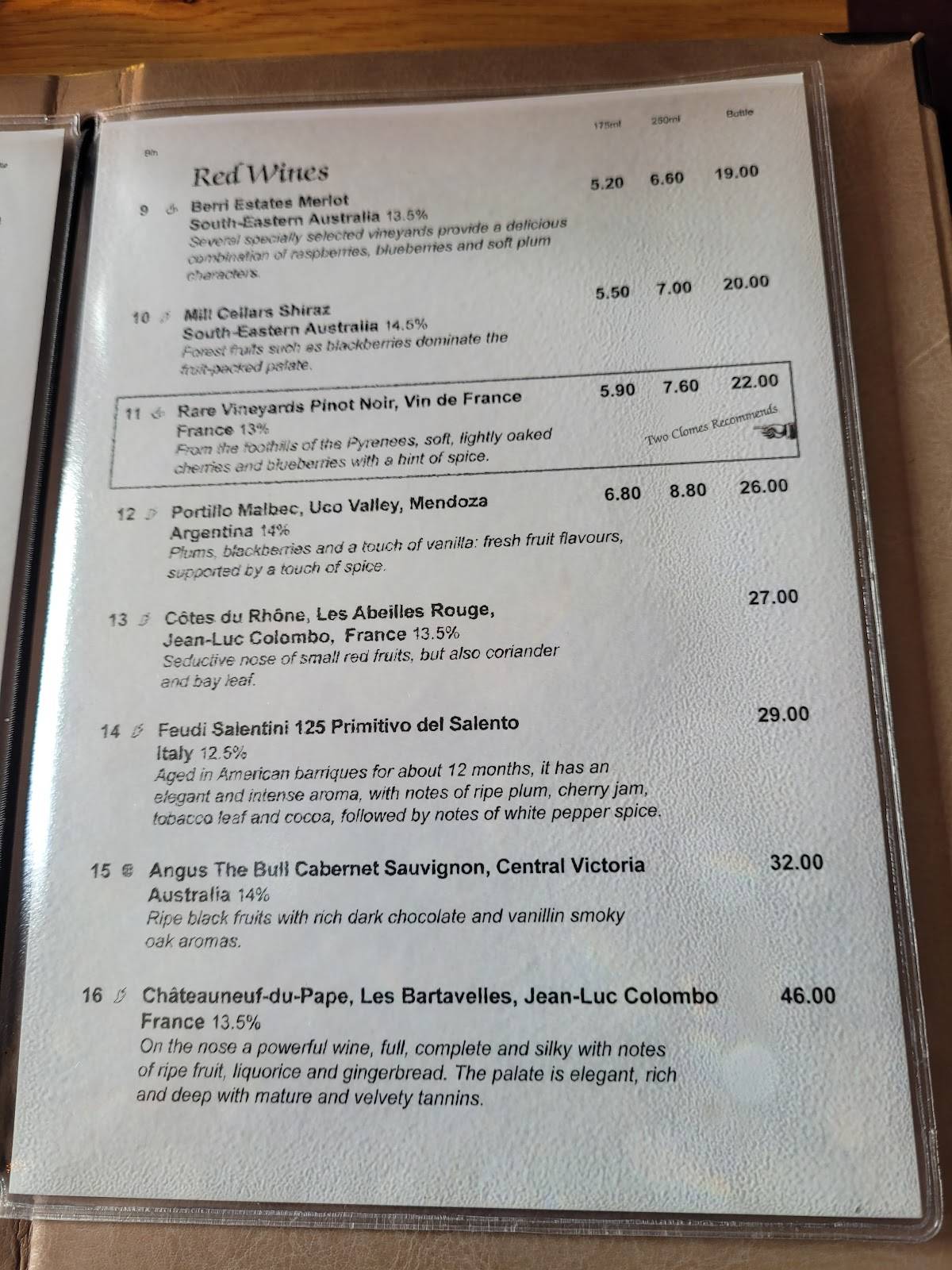 Menu at The Two Clomes pub & bar, Newquay