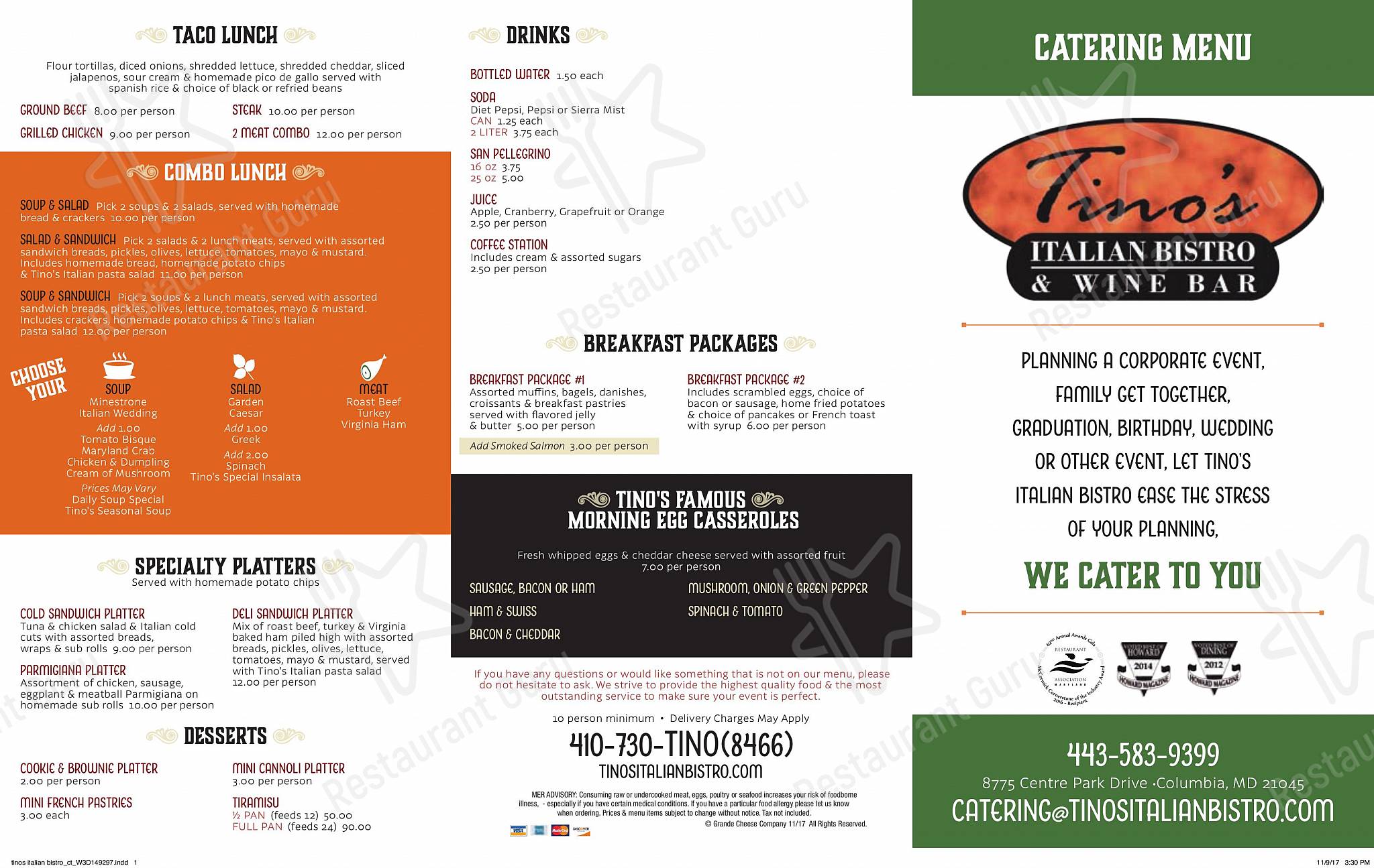 Menu at Tino's Italian Bistro & Wine Bar, Columbia