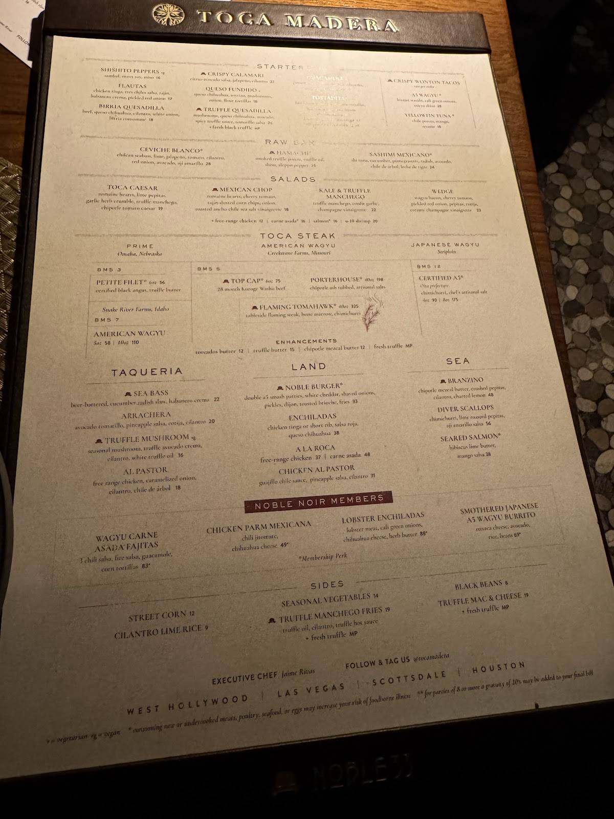 Menu at Toca Madera West Hollywood pub & bar, Los Angeles, W 3rd St