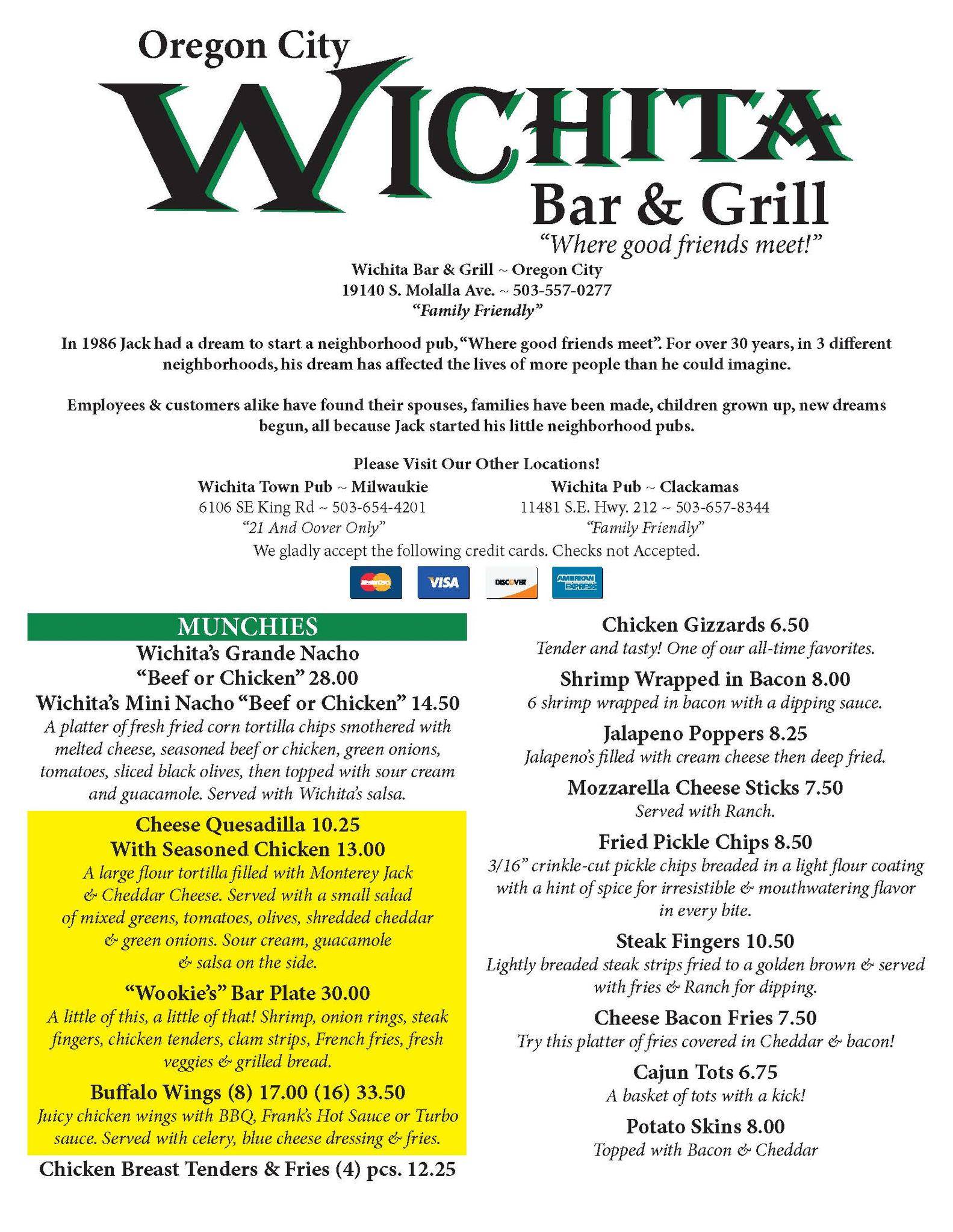 Menu at Wichita Bar & Grill, Oregon City