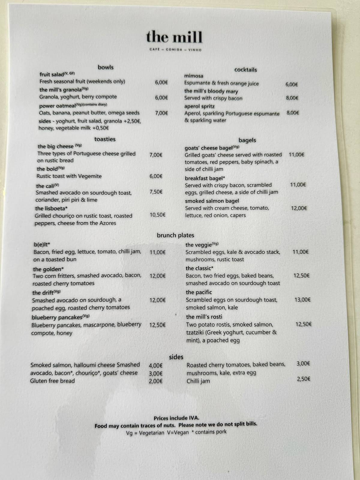Menu at the mill pub & bar, Lisbon