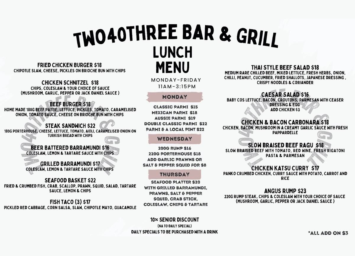 Menu at two40three Bar & Grill, Morley