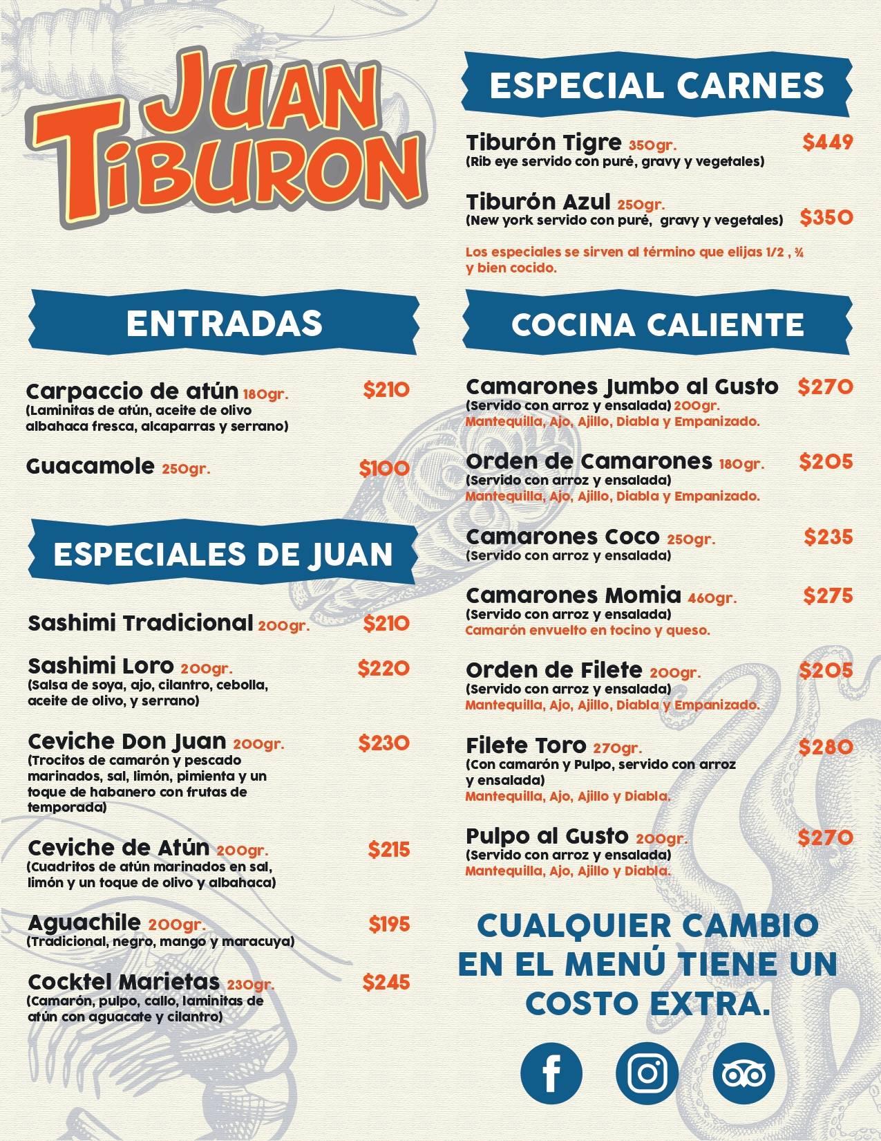 Menu at Juan Tiburón restaurant, Puerto Vallarta, Viena 131