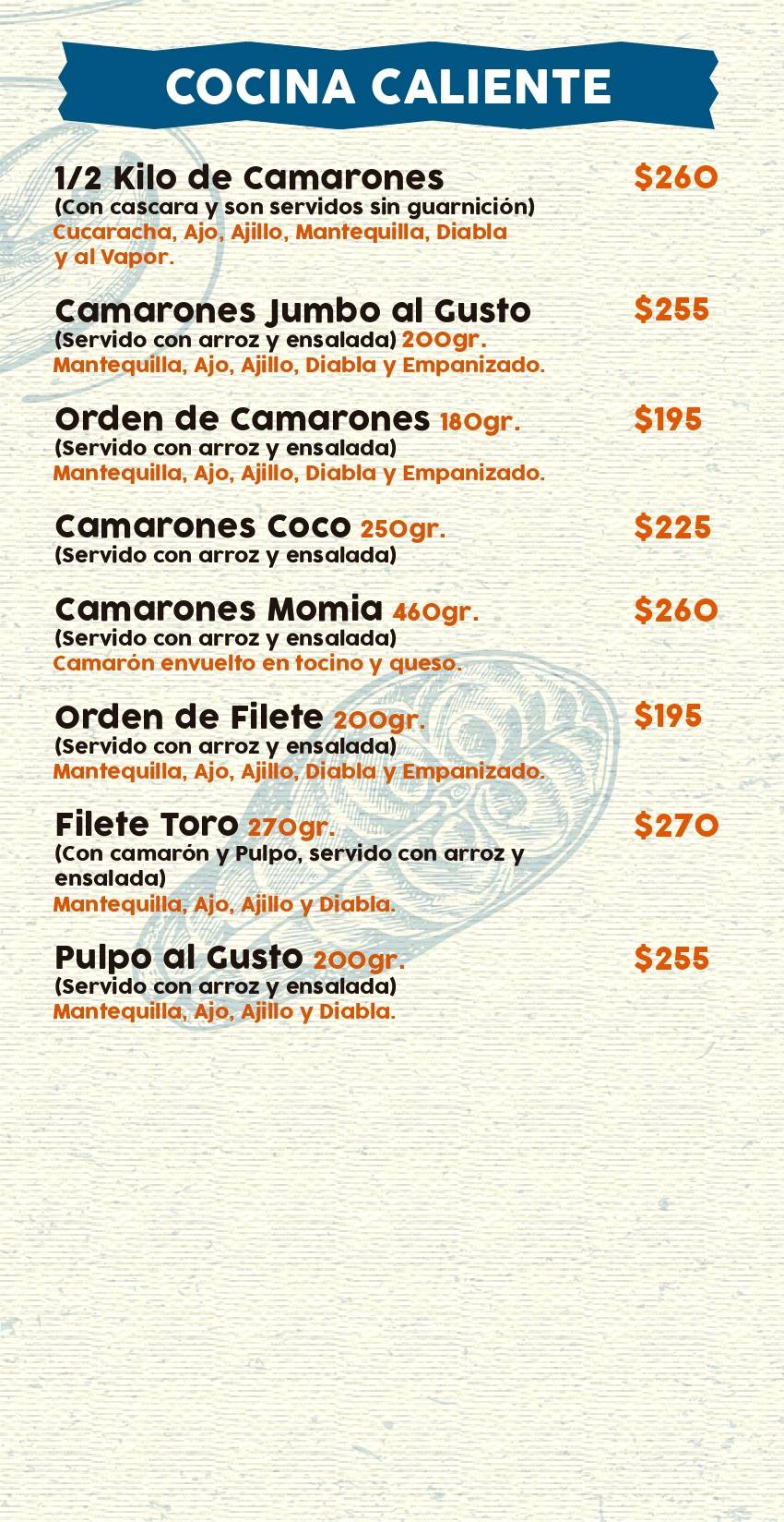 Menu at Juan Tiburón restaurant, Puerto Vallarta, Viena 131