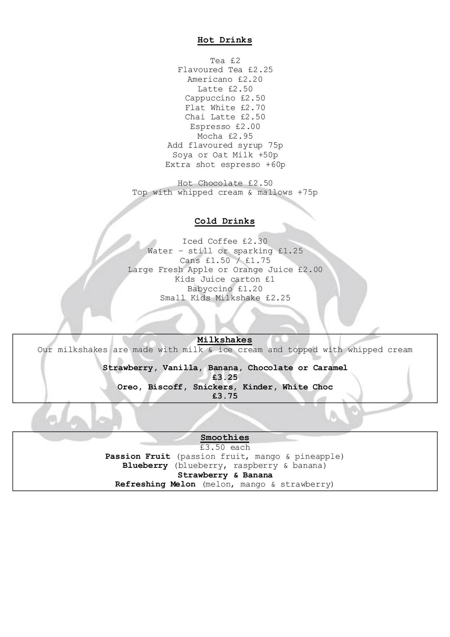 Menu at Pug and Pudding cafe, Chapel-en-le-Frith