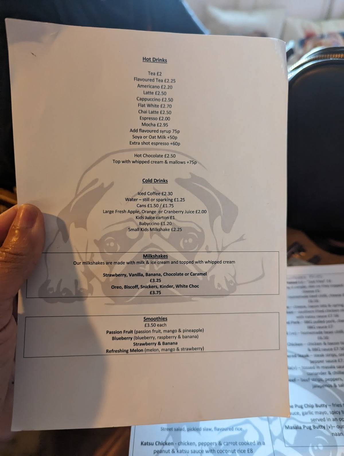 Menu at Pug and Pudding cafe, Chapel-en-le-Frith