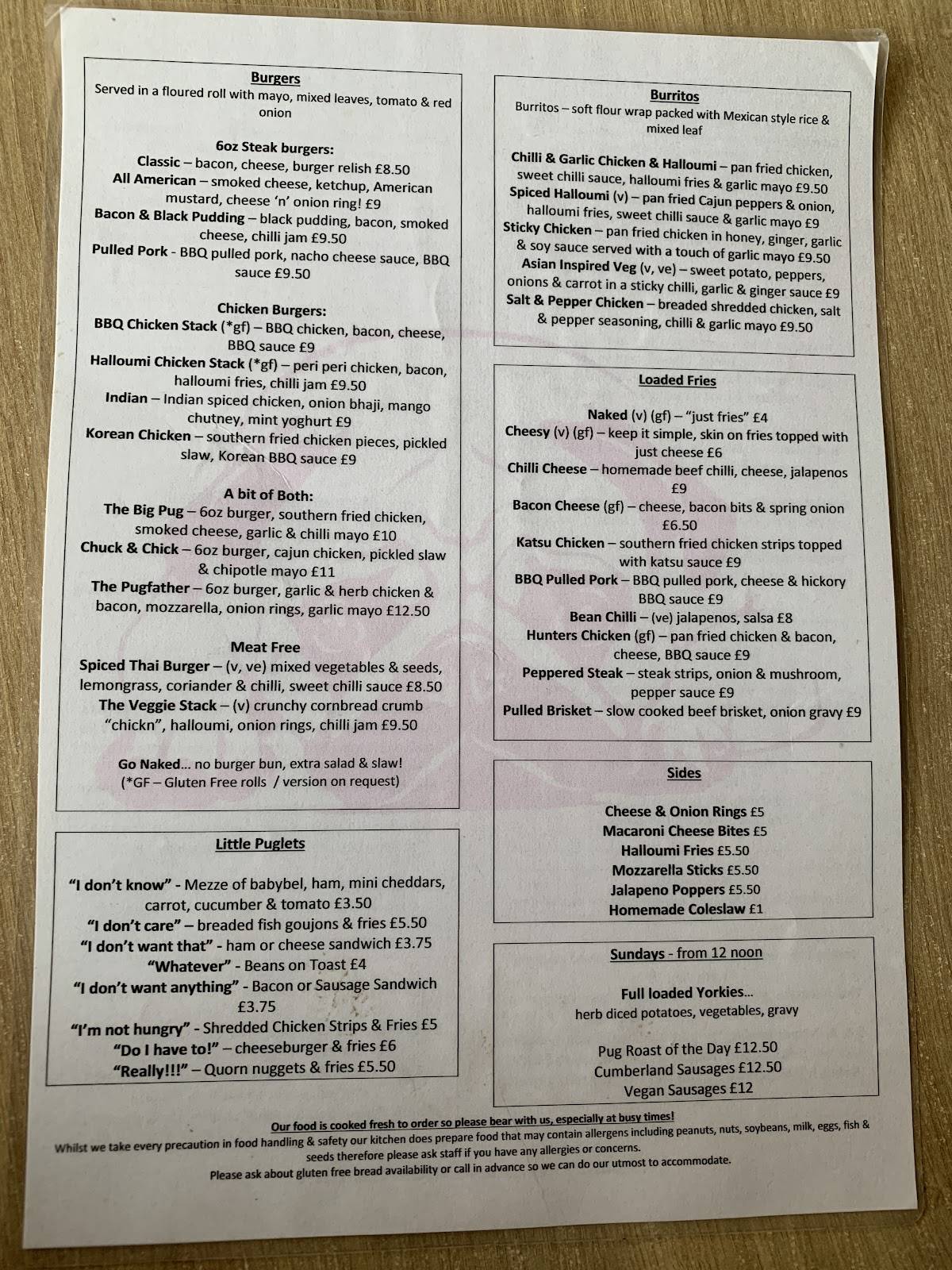 Menu at Pug and Pudding cafe, Chapel-en-le-Frith