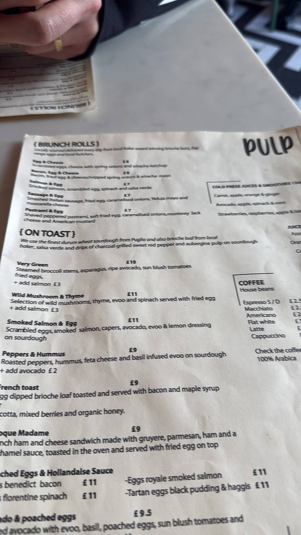 Menu at Pulp restaurant, Glasgow