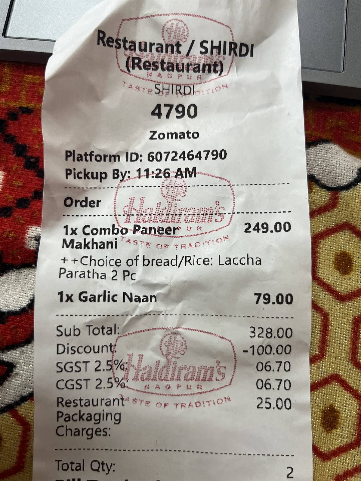 Menu at Haldiram's, Shirdi, Gate No. 1